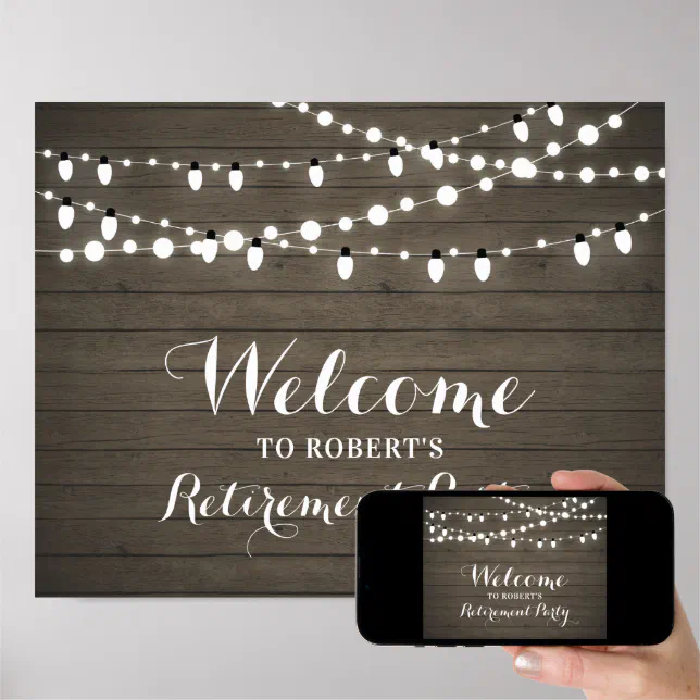 Rustic Wood & Lights Retirement Party Welcome Sign | Zazzle