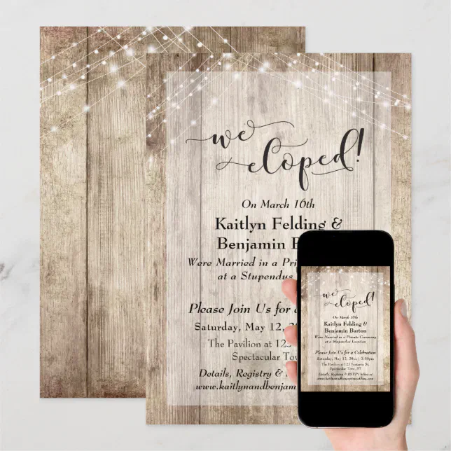 Rustic Wood Lights We Eloped Typography, Reception Invitation | Zazzle