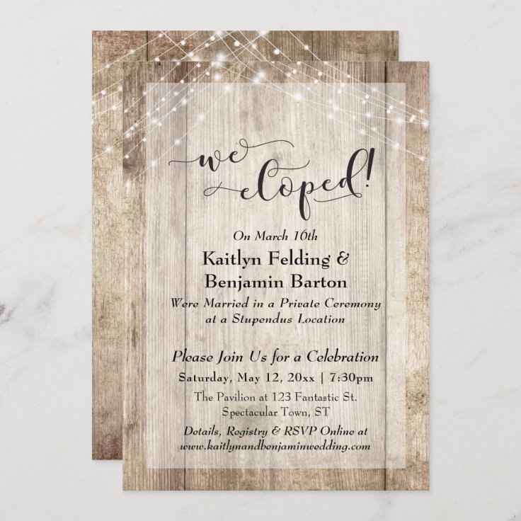 Rustic Wood Lights We Eloped Typography, Reception Invitation | Zazzle