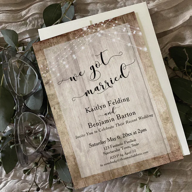 Rustic Wood & Lights, We Got Married, Reception Invitation | Zazzle