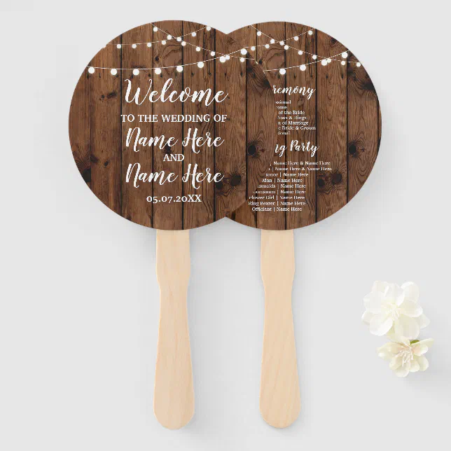 Rustic Wood Lights Wedding Program Fan | Zazzle