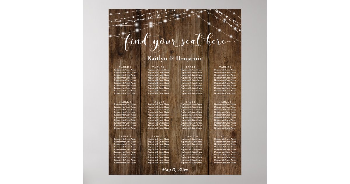 Rustic Wood Lights Wedding Reception Seating Chart | Zazzle