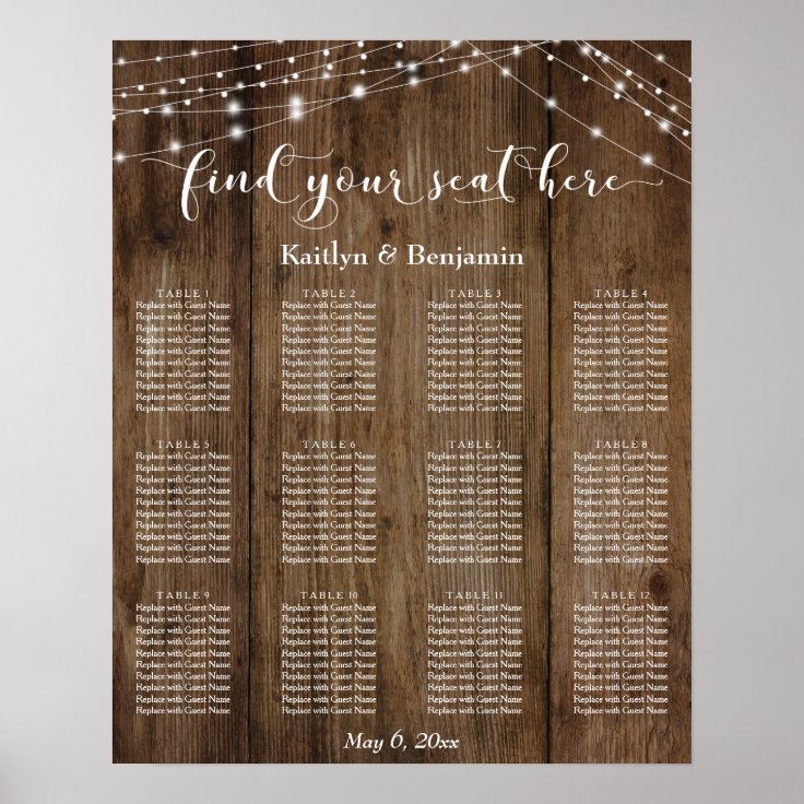 Rustic Wood Lights Wedding Reception Seating Chart | Zazzle