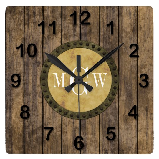 Rustic Wood Look Planks #1 Steampunk 3 Monogram Square Wall Clock ...