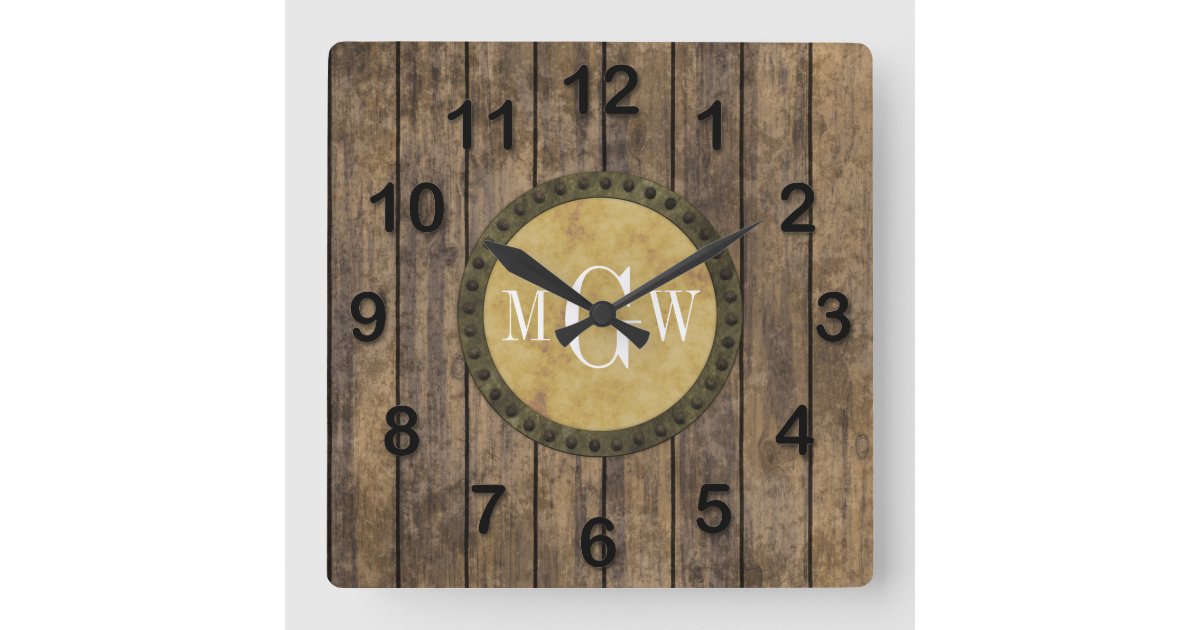 Rustic Wood Look Planks #1 Steampunk 3 Monogram Square Wall Clock | Zazzle