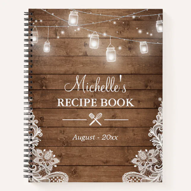 Rustic Wood Look String Lights Lace Recipe Book | Zazzle