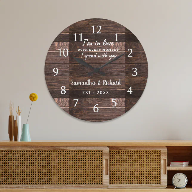 Rustic Wood Love Quote Wedding Anniversary Large Clock | Zazzle