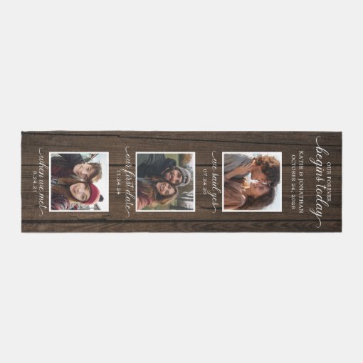 Rustic Wood Love Story Timeline Photo Wedding Outdoor Rug | Zazzle