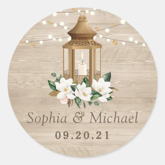 Rustic Wood Magnolia Lantern String Lights Classic Round Sticker | Zazzle