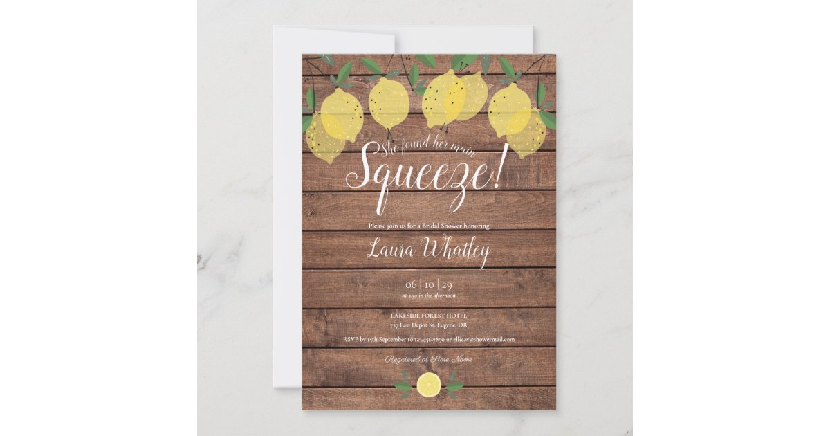 Rustic Wood Main Squeeze Lemon Bridal Shower Invitation | Zazzle