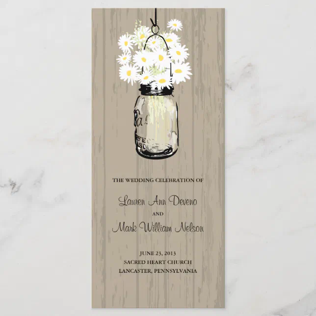 Rustic Wood Mason Jar and Daisies Program | Zazzle