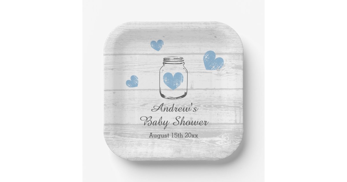 Rustic wood mason jar boy's baby shower party paper plates | Zazzle