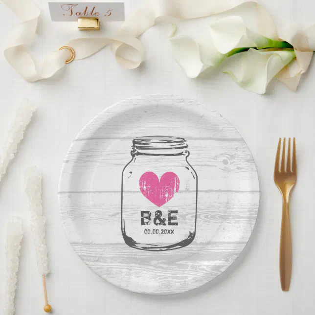 Rustic wood mason jar country wedding party plates | Zazzle