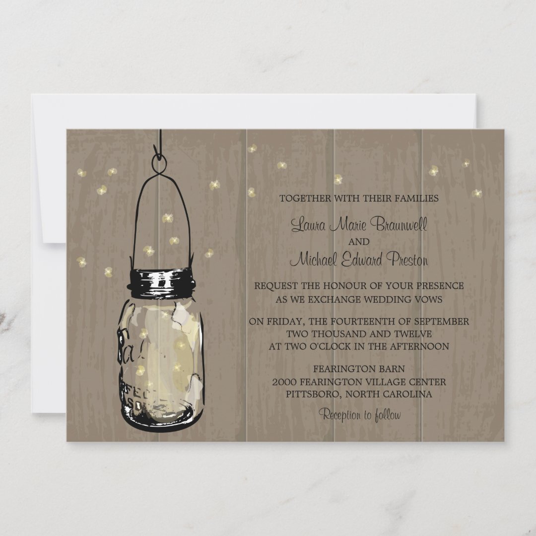 Rustic Wood Mason Jar Fireflies Invitation | Zazzle