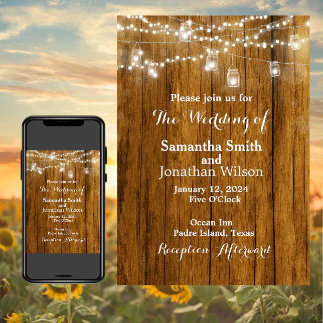 Rustic Wood Mason Jar Hanging Lights Wedding Invitation | Zazzle