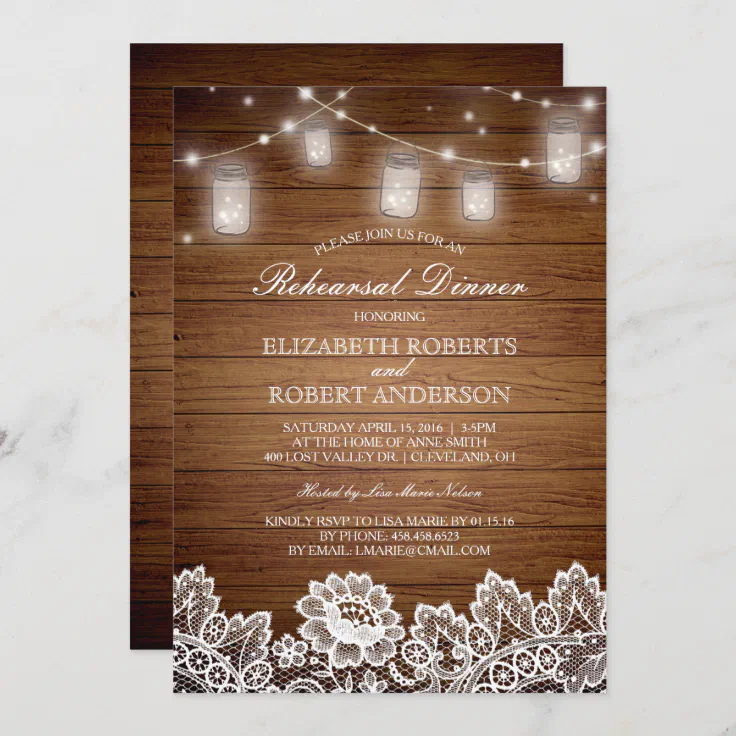 Rustic Wood Mason Jar Lights Rehearsal Dinner Invitation | Zazzle