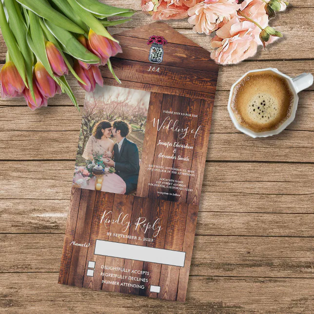 Rustic wood mason jar monogram photo Wedding All In One Invitation | Zazzle