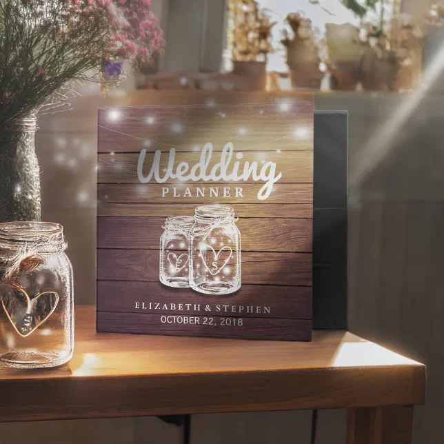 Rustic Wood Mason Jar String Light Wedding Planner 3 Ring Binder | Zazzle