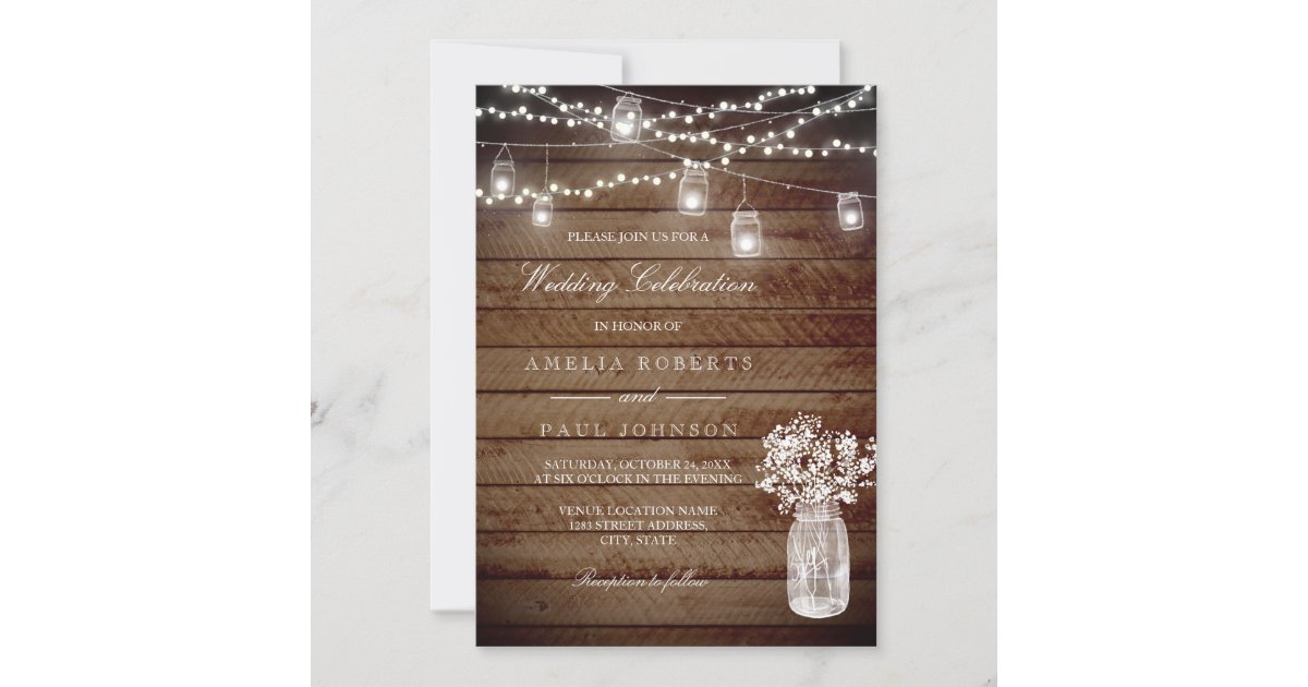 Rustic Wood Mason Jar Wedding Invitation | Zazzle