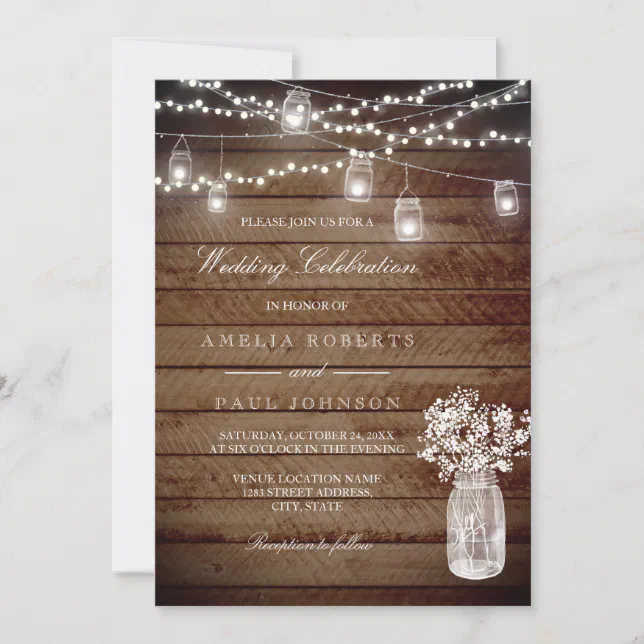 Rustic Wood Mason Jar Wedding Invitation | Zazzle