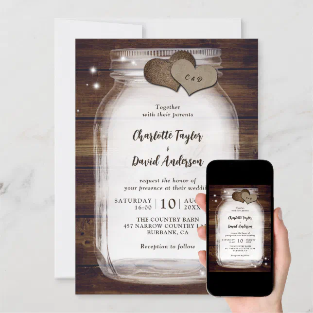 Rustic Wood Mason Jar Wedding Invitations | Zazzle