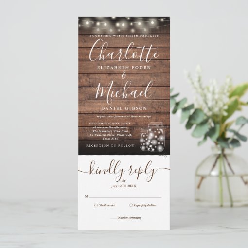 Rustic Wood Mason Jars Lights All In One Wedding Invitation | Zazzle
