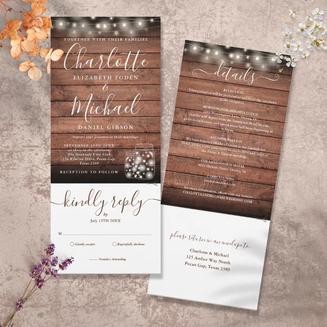 Rustic Wood Mason Jars Lights All In One Wedding Invitation | Zazzle