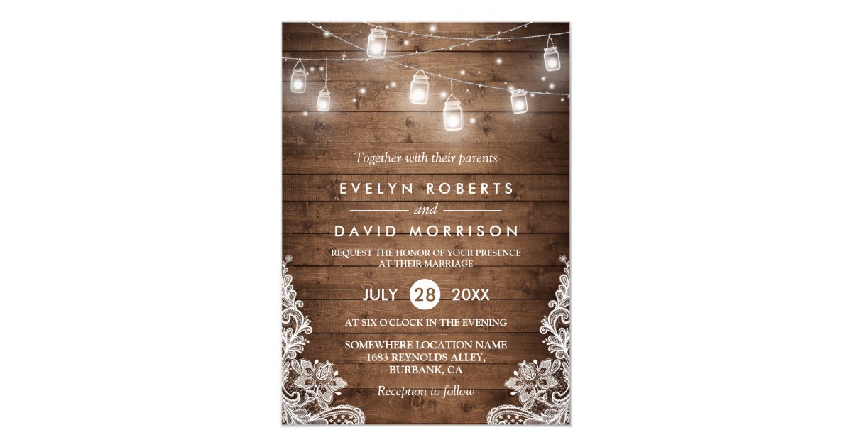 Rustic Wood Mason Jars String Lights Lace Wedding Invitation