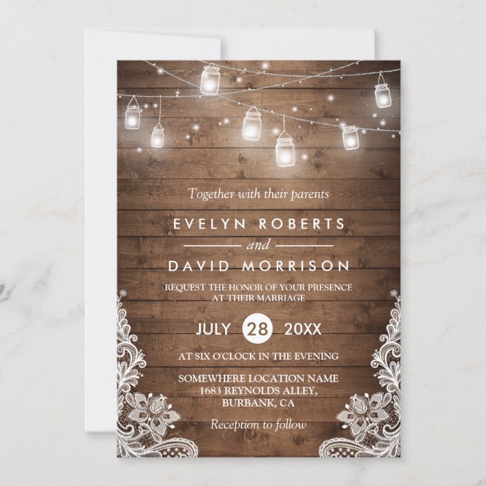 Rustic Wood Mason Jars String Lights Lace Wedding Invitation | Zazzle.com