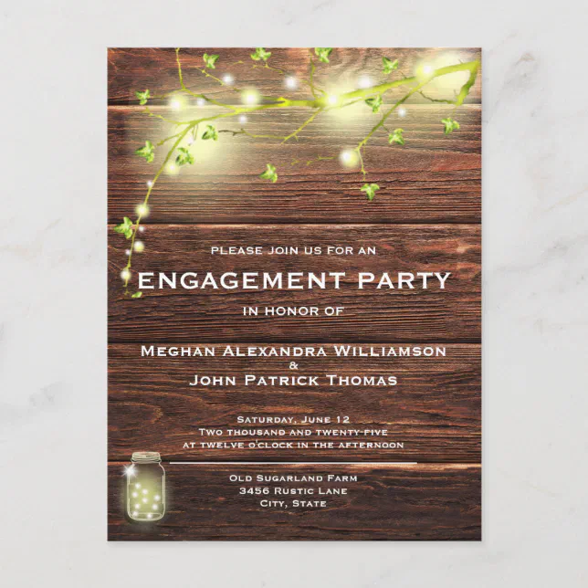 Rustic Wood Mason String Lights Engagement Party Postcard | Zazzle