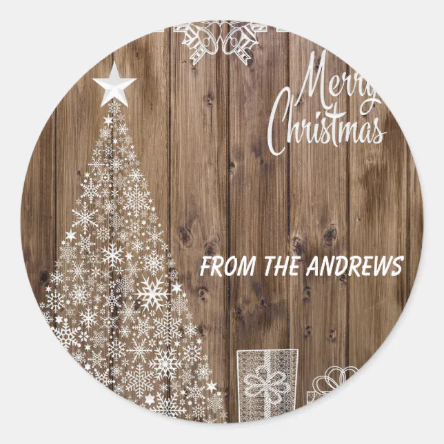Rustic Wood Merry Christmas Classic Round Sticker | Zazzle
