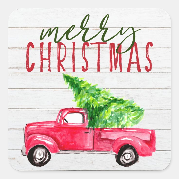 Rustic Wood Merry Christmas Red Truck Farmhouse Square Sticker | Zazzle