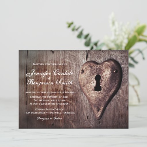 Rustic Wood Metal Heart Lock Wedding Invitations | Zazzle
