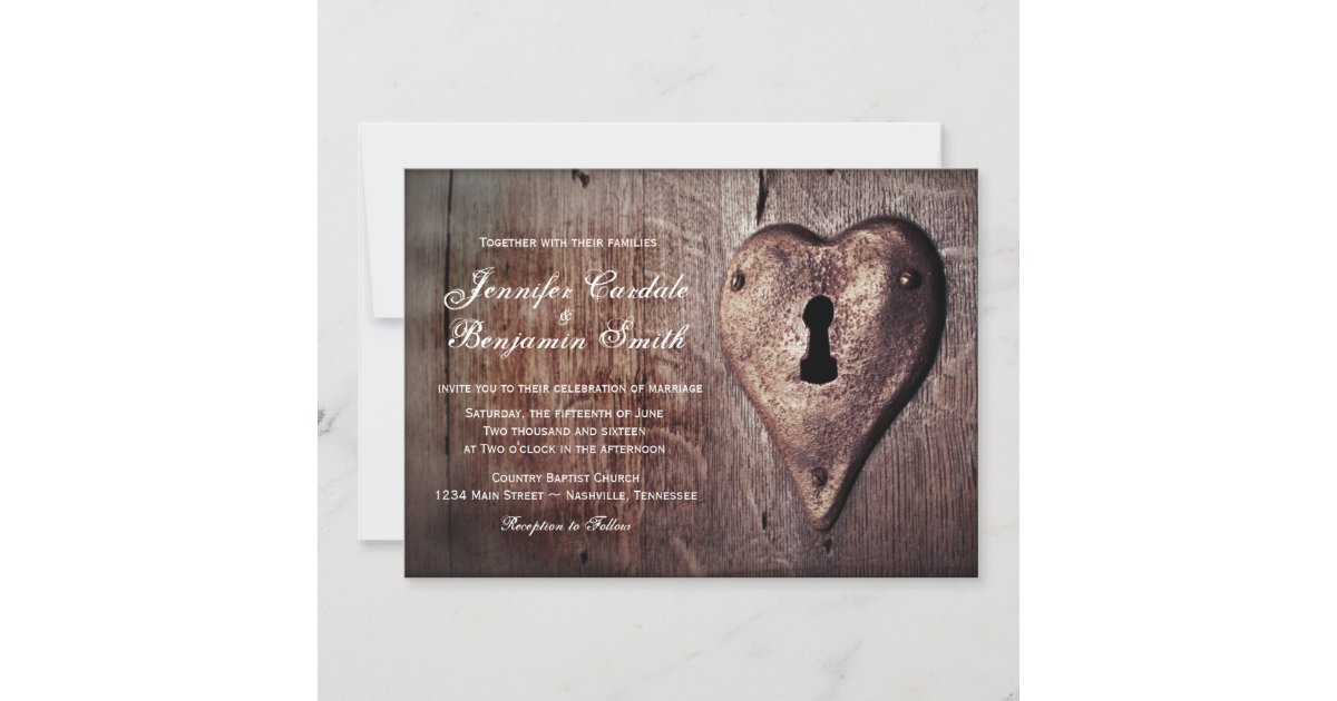 Rustic Wood Metal Heart Lock Wedding Invitations | Zazzle