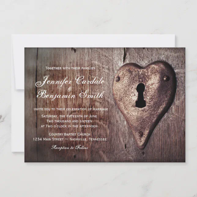 Rustic Wood Metal Heart Lock Wedding Invitations | Zazzle
