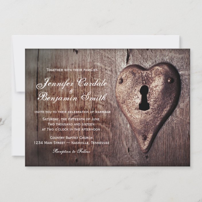 Rustic Wood Metal Heart Lock Wedding Invitations | Zazzle.com