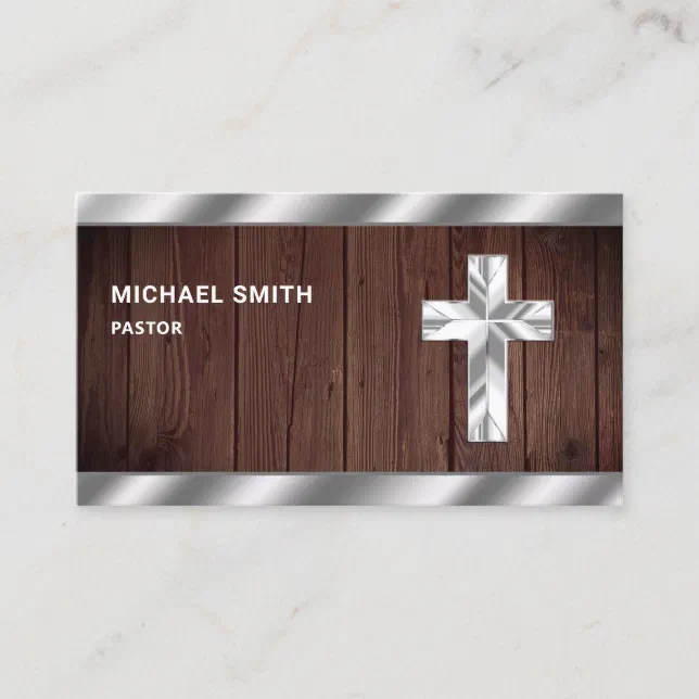 Rustic Wood Metallic Jesus Christ Cross Pastor Business Card | Zazzle