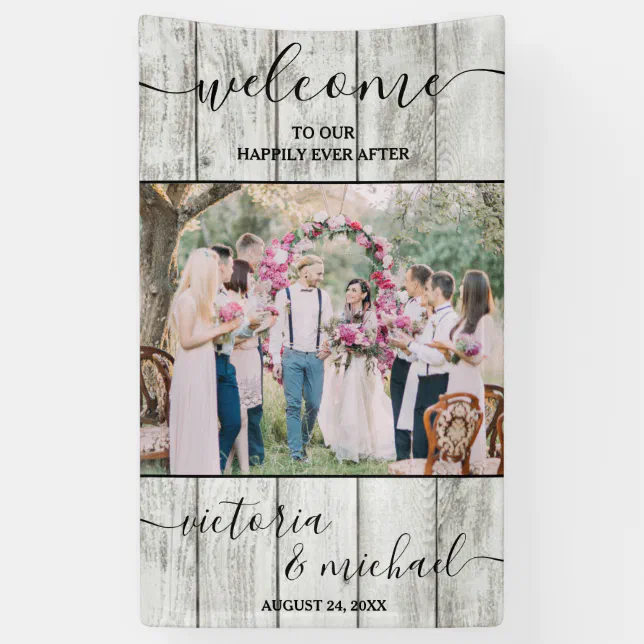 Rustic wood modern wedding photo picture Welcome Banner | Zazzle
