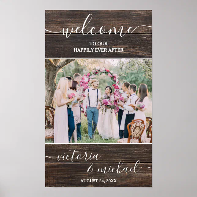 Rustic wood modern wedding photo picture Welcome Poster | Zazzle