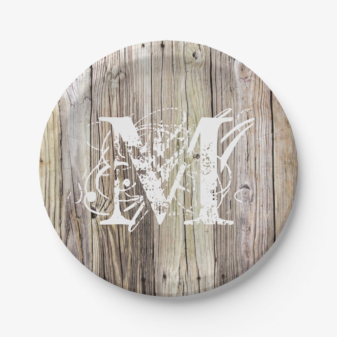 Rustic Wood Monogrammed Paper Plates | Zazzle