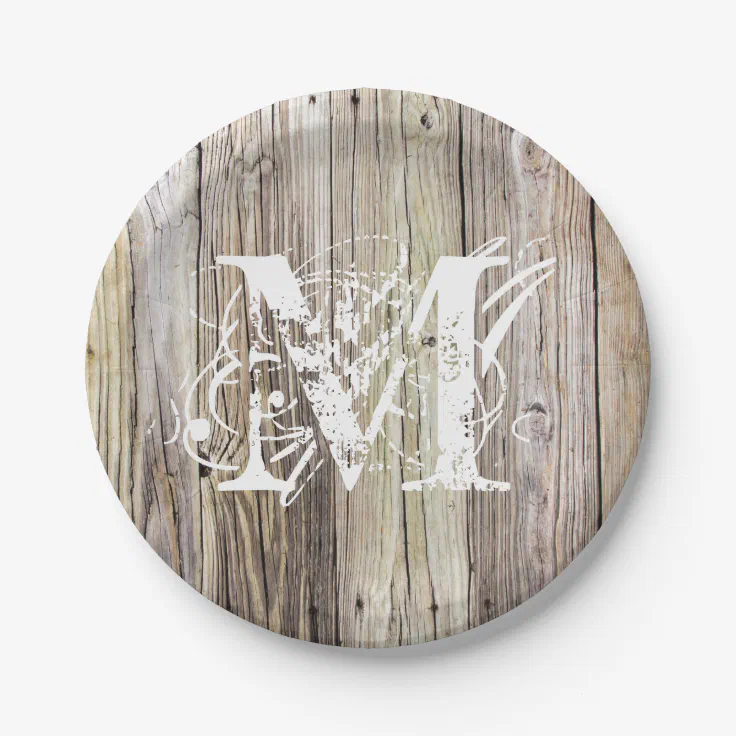 Rustic Wood Monogrammed Paper Plates | Zazzle