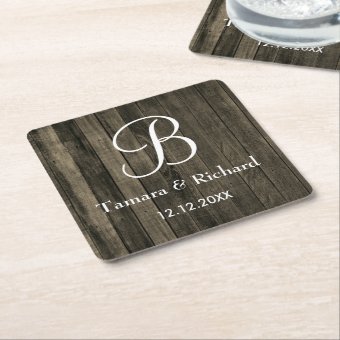 Rustic Wood Monogrammed Wedding Square Paper Coaster | Zazzle