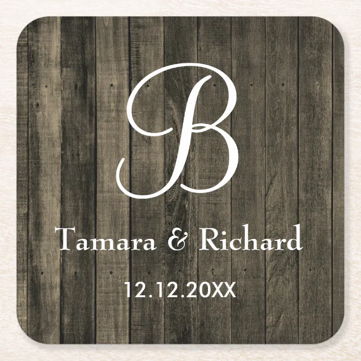 Rustic Wood Monogrammed Wedding Square Paper Coaster | Zazzle