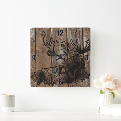 Rustic wood moose decorative wall clock | Zazzle