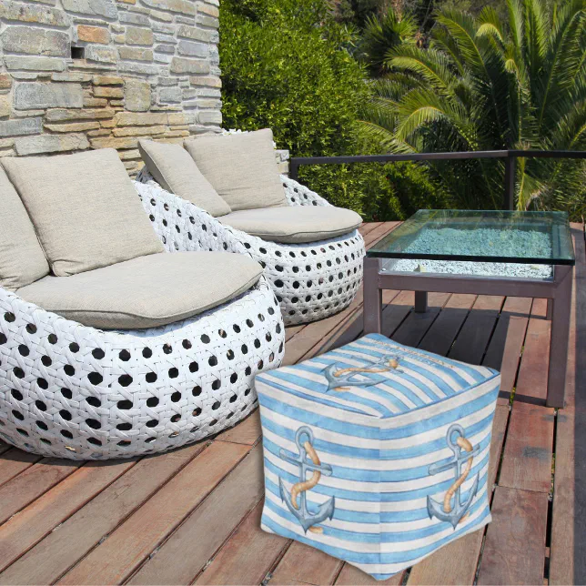 Rustic Wood Nautical Stripes Family Beach House Pouf | Zazzle