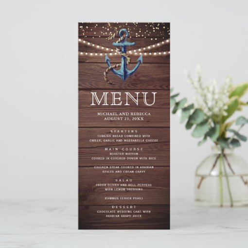 Rustic Wood Navy Blue Anchor Nautical Wedding Menu | Zazzle