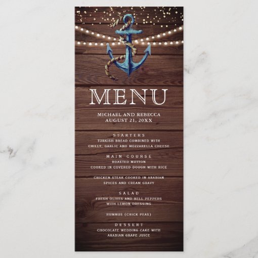Rustic Wood Navy Blue Anchor Nautical Wedding Menu | Zazzle