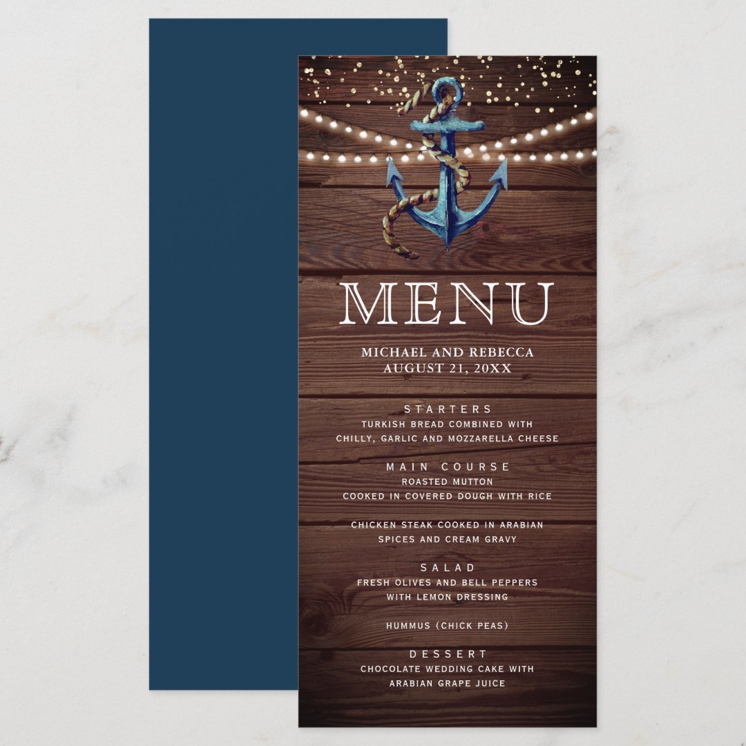 Rustic Wood Navy Blue Anchor Nautical Wedding Menu | Zazzle