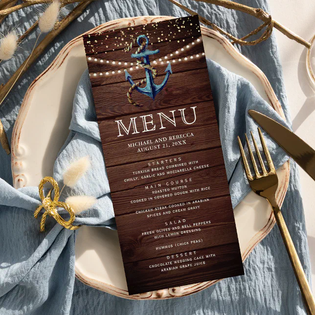 Rustic Wood Navy Blue Anchor Nautical Wedding Menu | Zazzle