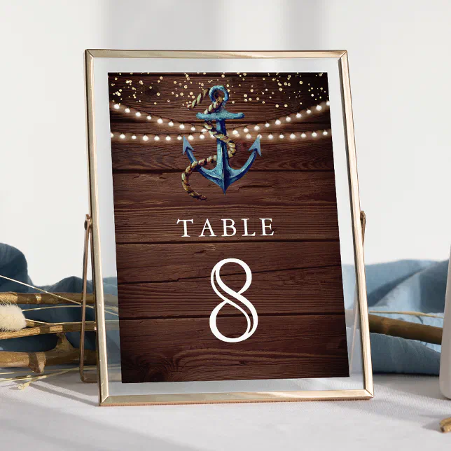 Rustic Wood Navy Blue Anchor Nautical Wedding Table Number | Zazzle